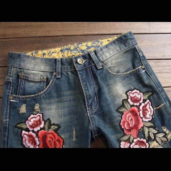 Men's Winter Retro Rose Embroidery Mid-Waist Straight-Leg Jeans Pants ...