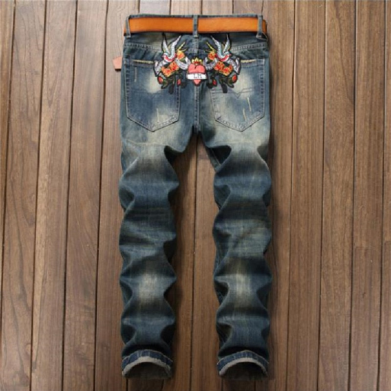 Men's Winter Retro Rose Embroidery Mid-Waist Straight-Leg Jeans Pants ...