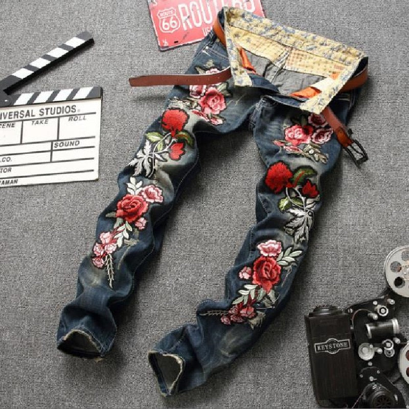 Men's Winter Retro Rose Embroidery Mid-Waist Straight-Leg Jeans Pants ...