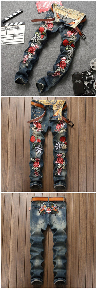 Men's Winter Retro Rose Embroidery Mid-Waist Straight-Leg Jeans Pants ...