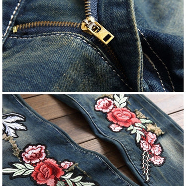 Men's Winter Retro Rose Embroidery Mid-Waist Straight-Leg Jeans Pants ...