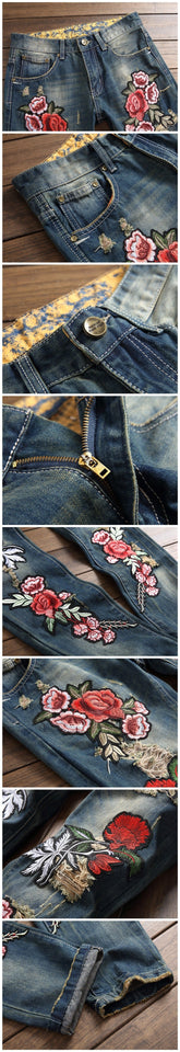 Men's Winter Retro Rose Embroidery Mid-Waist Straight-Leg Jeans Pants ...