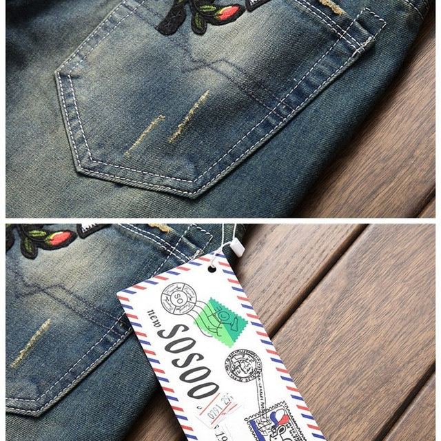 Men's Winter Retro Rose Embroidery Mid-Waist Straight-Leg Jeans Pants ...