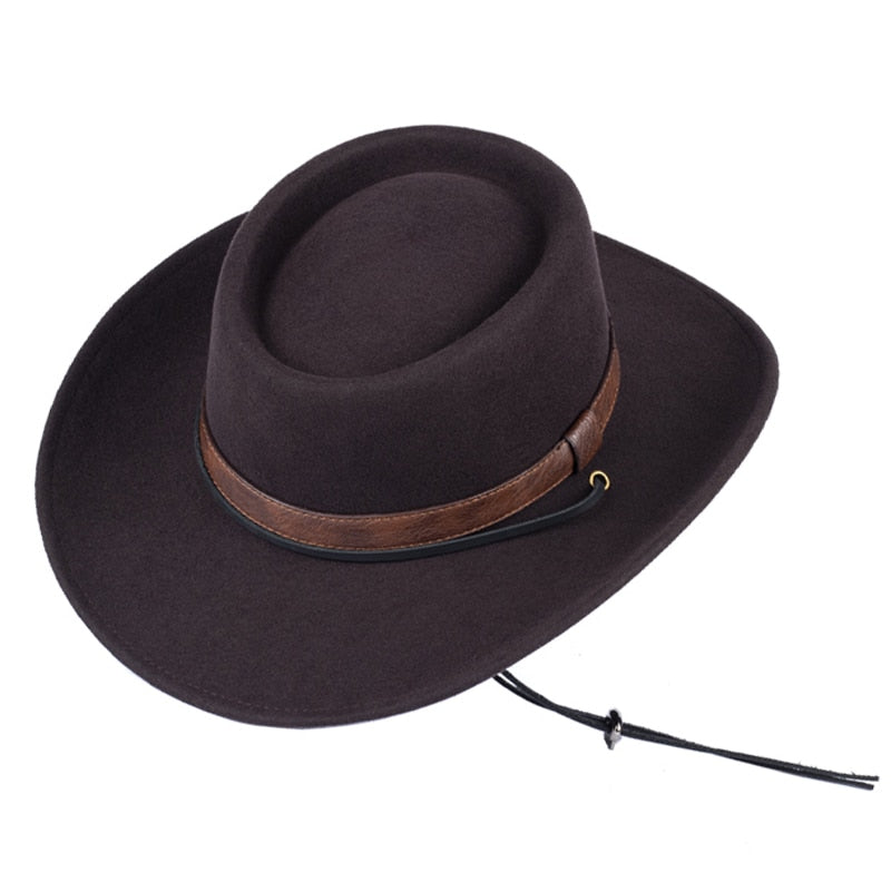 Unisex Western Wide Brim Flat Top Boater Felt Adjustable Fedora Hat ...