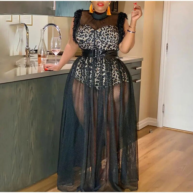 Women's Sexy Sheer Mesh Leopard Lining Transparent Party Maxi Dress ...