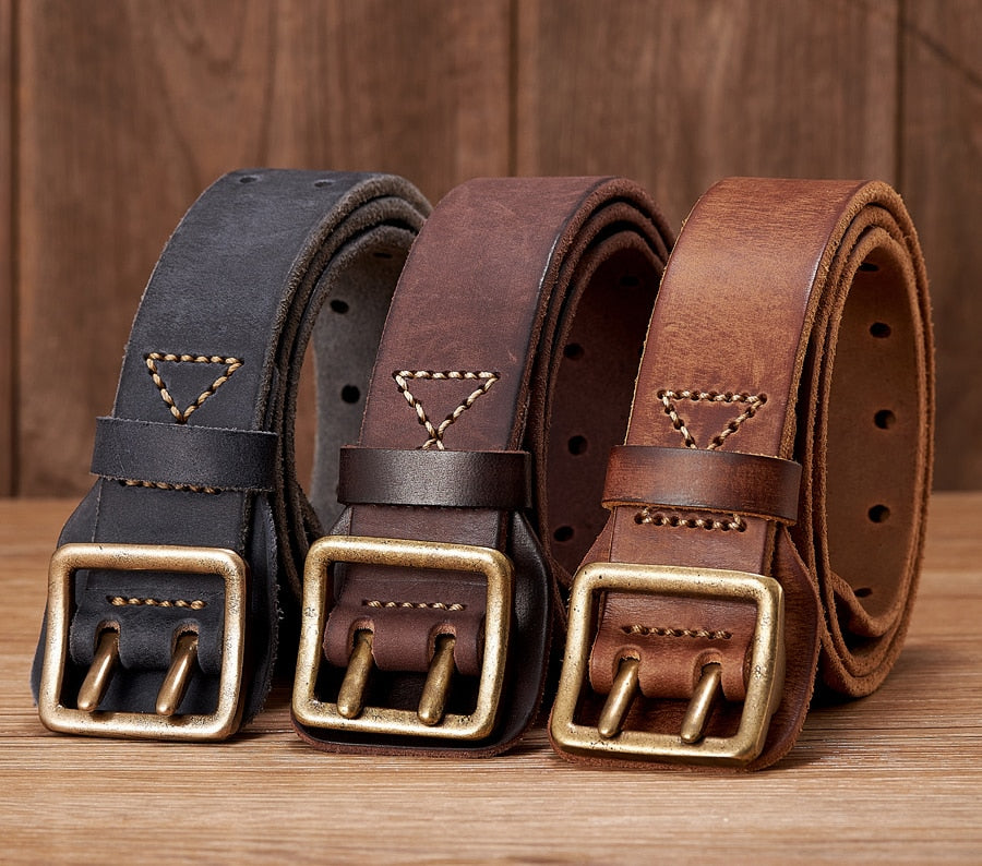 Men's Vintage Fashion Cowskin Leather Strap Double Pin Buckle Belt ...