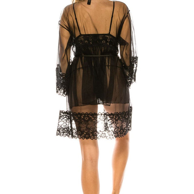 Black Transparent Mesh Robe Dress and G-String 3pcs Lingerie Set ...