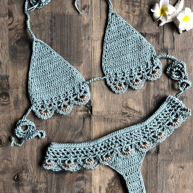 Women's Crochet Micro Bikini Set High Waist Thong Halter Sexy Swimwear ...