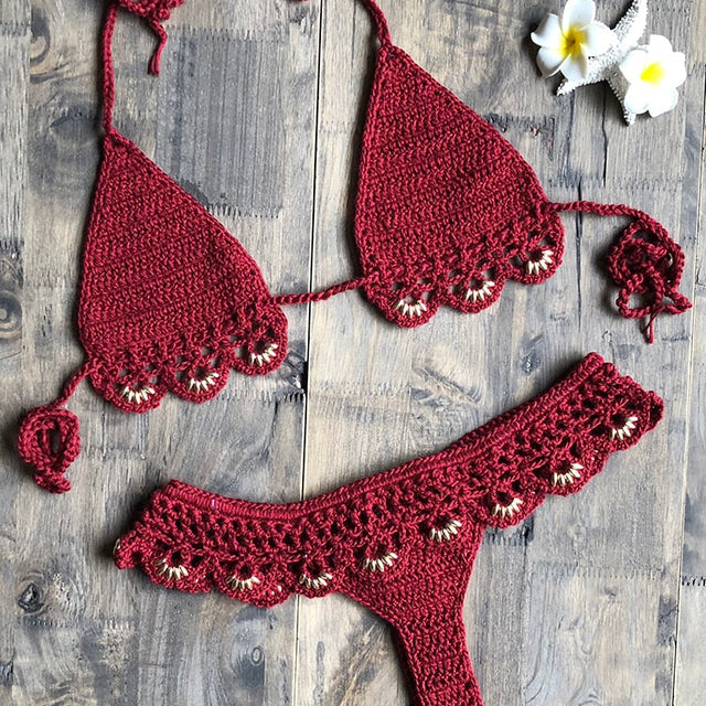 Women's Crochet Micro Bikini Set High Waist Thong Halter Sexy Swimwear ...