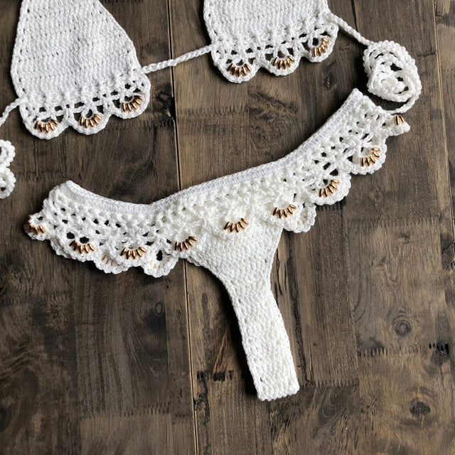Women's Crochet Micro Bikini Set High Waist Thong Halter Sexy Swimwear ...