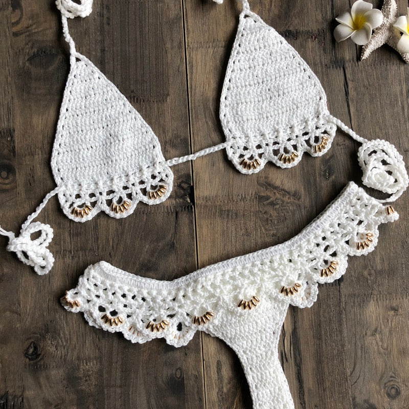 Women's Crochet Micro Bikini Set High Waist Thong Halter Sexy Swimwear ...