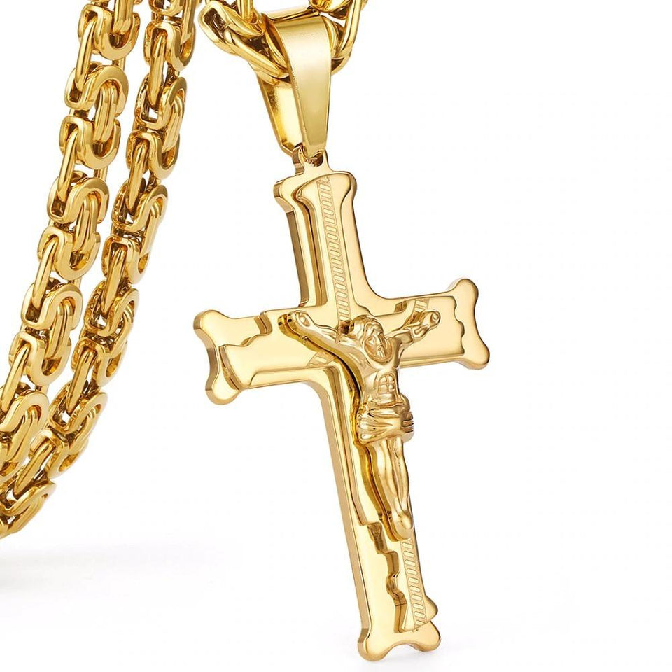 Gold Color Stainless Steel Jesus Cross Pendant Link Byzantine Chain Ch ...