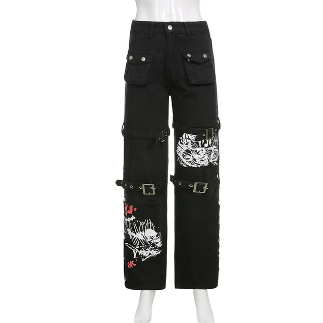 Gothic Punk Style Low Waist Cargo Pants Women's Denim with Pockets Buc ...