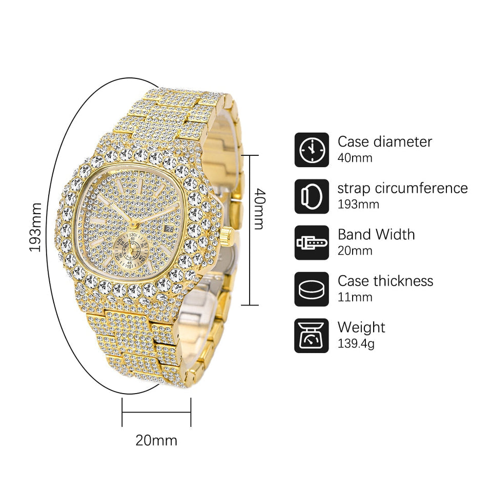 Hip Hop Fashion Men's Full Bling Diamond Iced Out Automatic Date Watch ...