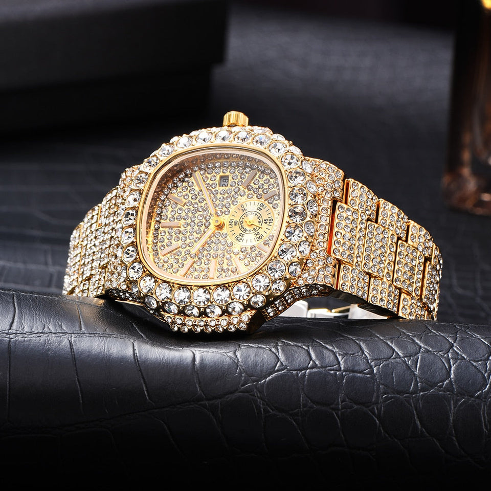 Hip Hop Fashion Men's Full Bling Diamond Iced Out Automatic Date Watch ...