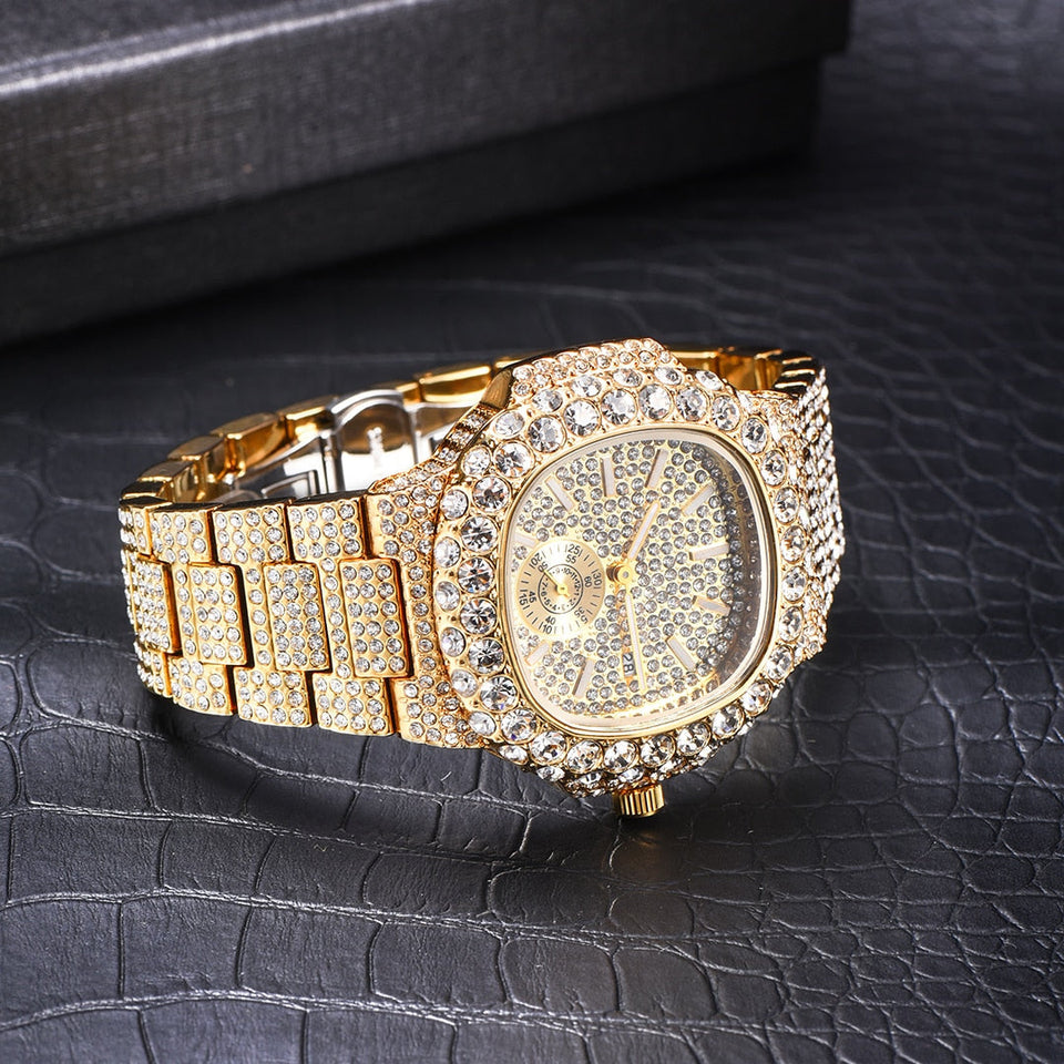 Hip Hop Fashion Men's Full Bling Diamond Iced Out Automatic Date Watch ...