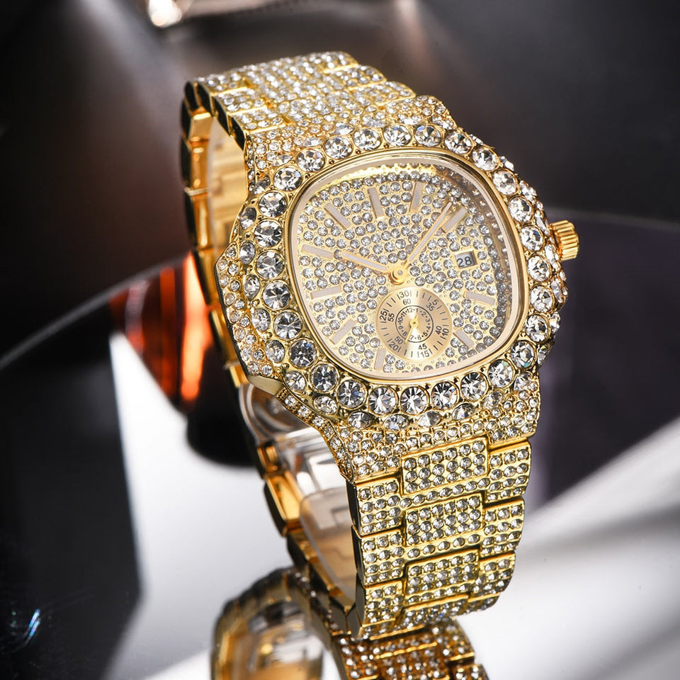 Hip Hop Fashion Men's Full Bling Diamond Iced Out Automatic Date Watch ...