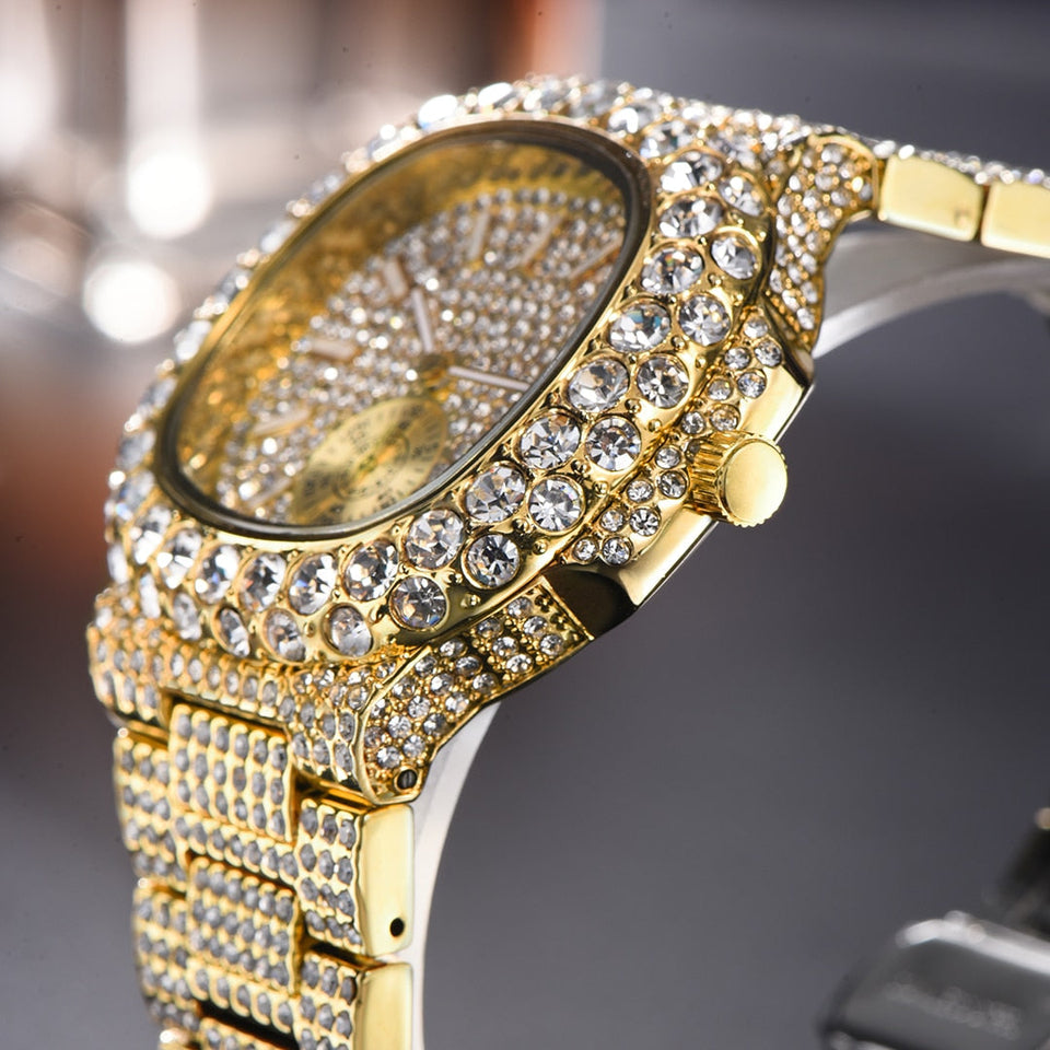 Hip Hop Fashion Men's Full Bling Diamond Iced Out Automatic Date Watch ...