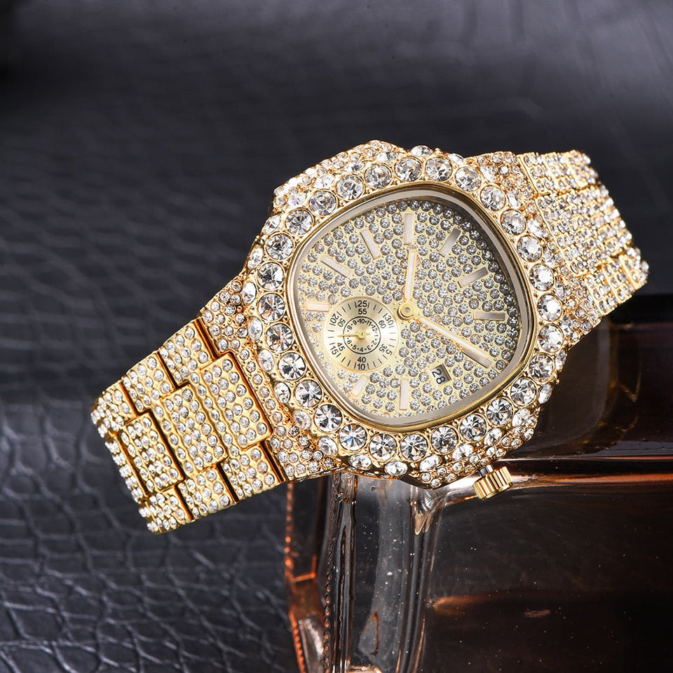 Hip Hop Fashion Men's Full Bling Diamond Iced Out Automatic Date Watch ...