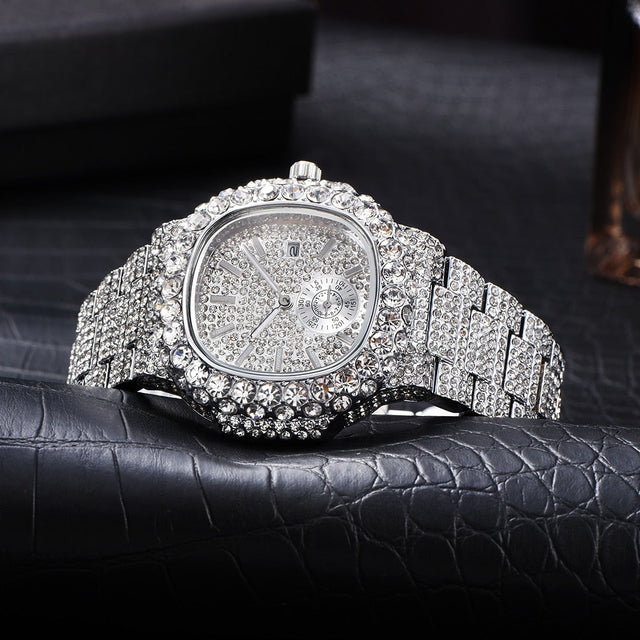 Hip Hop Fashion Men's Full Bling Diamond Iced Out Automatic Date Watch ...