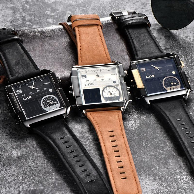 LED Digital Dual Display Men's Big Size Square Dial Leather Sport Watc ...