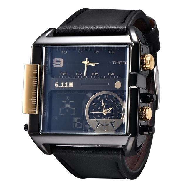 LED Digital Dual Display Men's Big Size Square Dial Leather Sport Watc ...