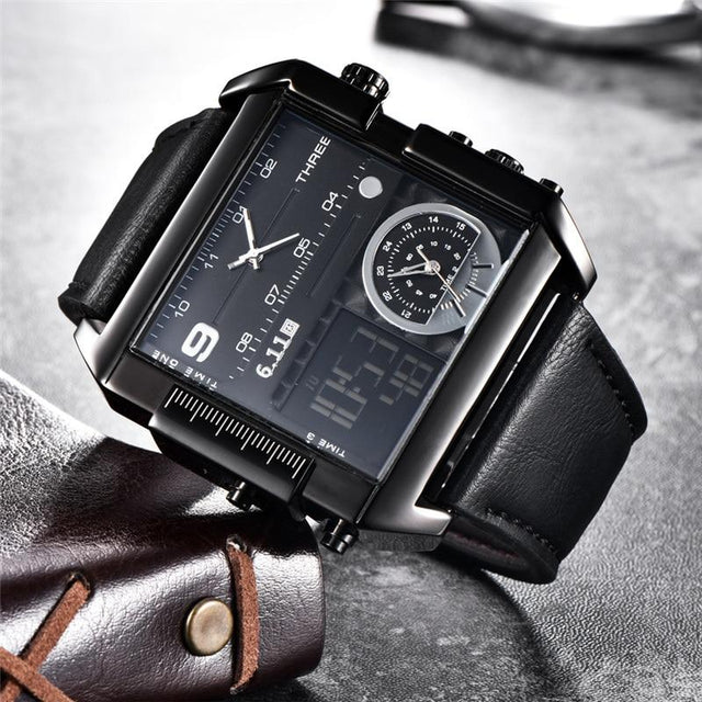 LED Digital Dual Display Men's Big Size Square Dial Leather Sport Watc ...