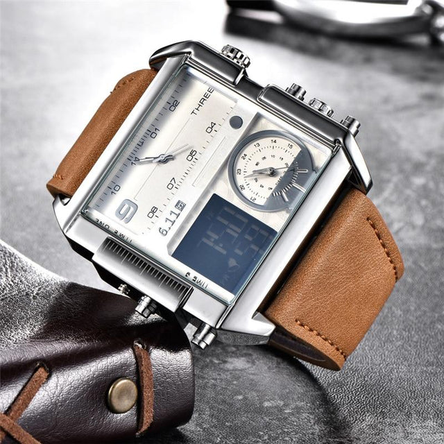 LED Digital Dual Display Men's Big Size Square Dial Leather Sport Watc ...