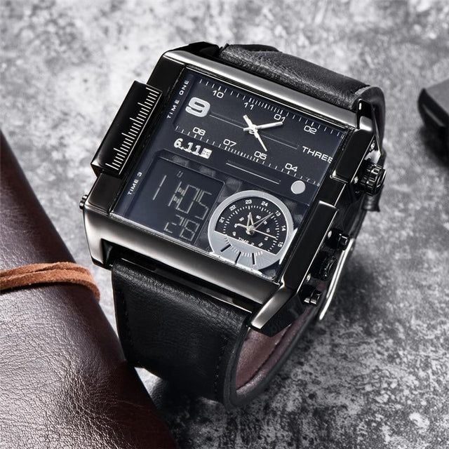 LED Digital Dual Display Men's Big Size Square Dial Leather Sport Watc ...