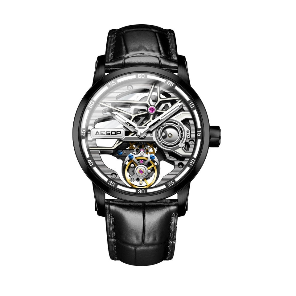 Men's Luminous Skeleton Flywheel Tourbillon Business Style Wristwatch ...