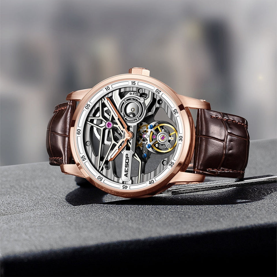 Men's Luminous Skeleton Flywheel Tourbillon Business Style Wristwatch ...