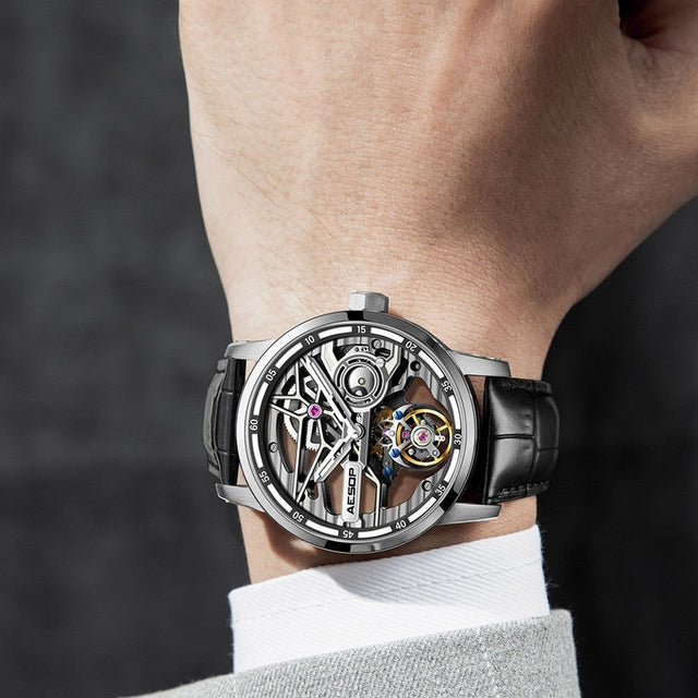 Men's Luminous Skeleton Flywheel Tourbillon Business Style Wristwatch ...