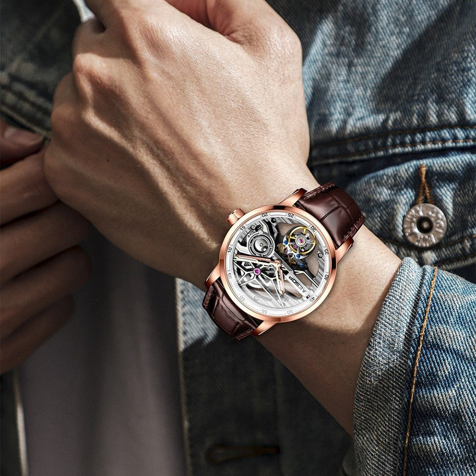 Men's Luminous Skeleton Flywheel Tourbillon Business Style Wristwatch ...