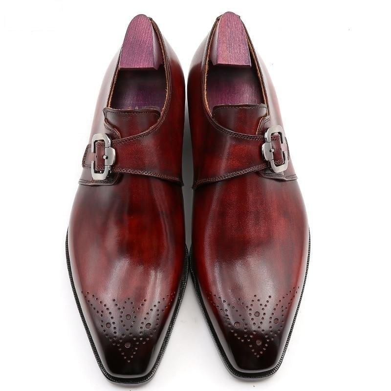 Men's Full Grain Calf Leather Blake Stitch Monk Straps Square Toe Dres ...