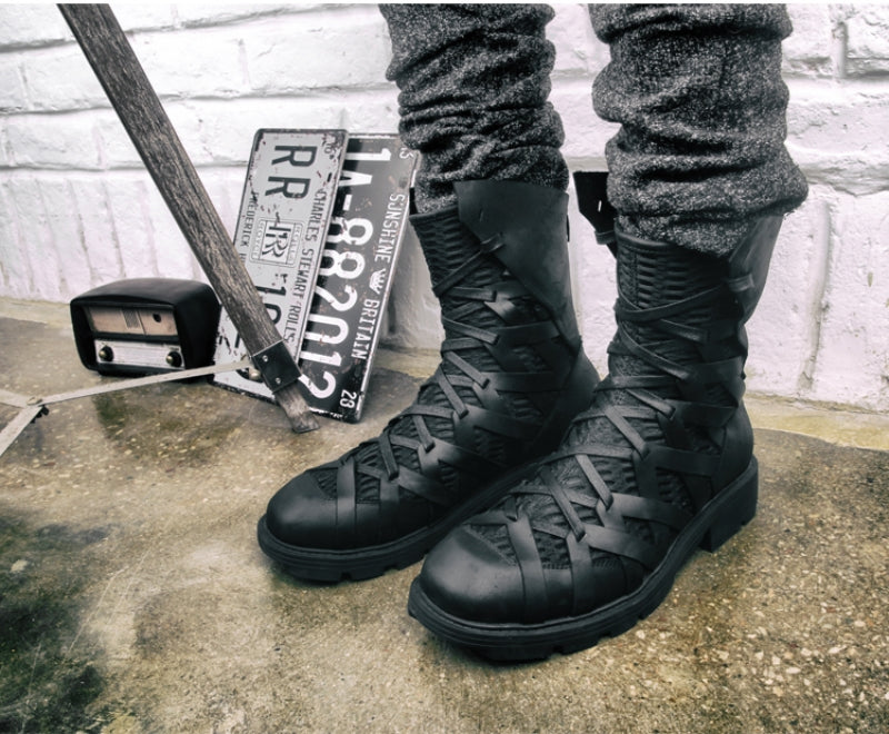 Men's Genuine Leather Mesh Patchwork High-top Ankle Back Zip Boots ...