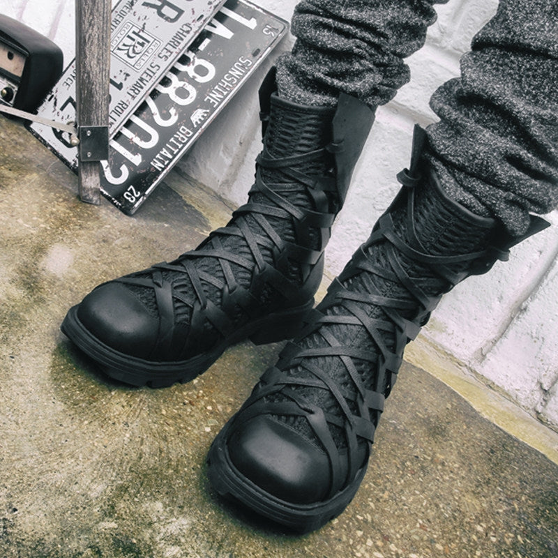 Men's Genuine Leather Mesh Patchwork High-top Ankle Back Zip Boots ...