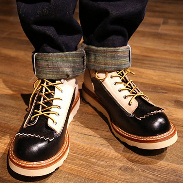 Men's Japanese Retro Patchwork Genuine Leather Round Toe Lace Up Boots ...