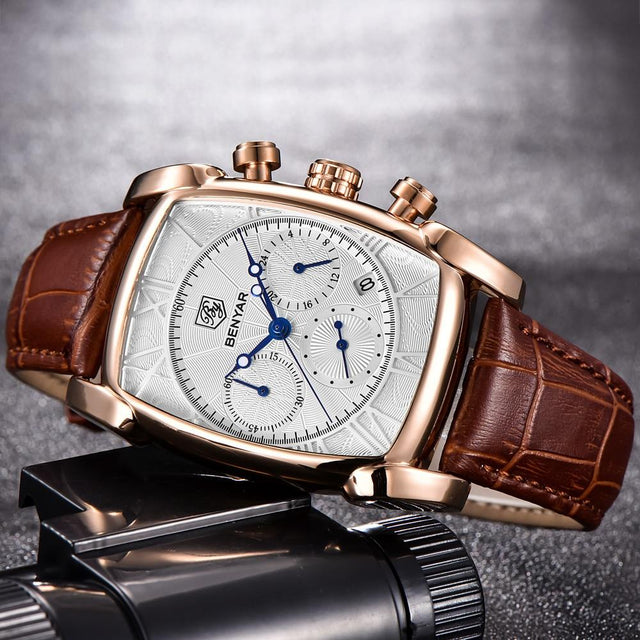 Men's Leather Army Military Style Chronograph Quartz Watch with Buckle ...