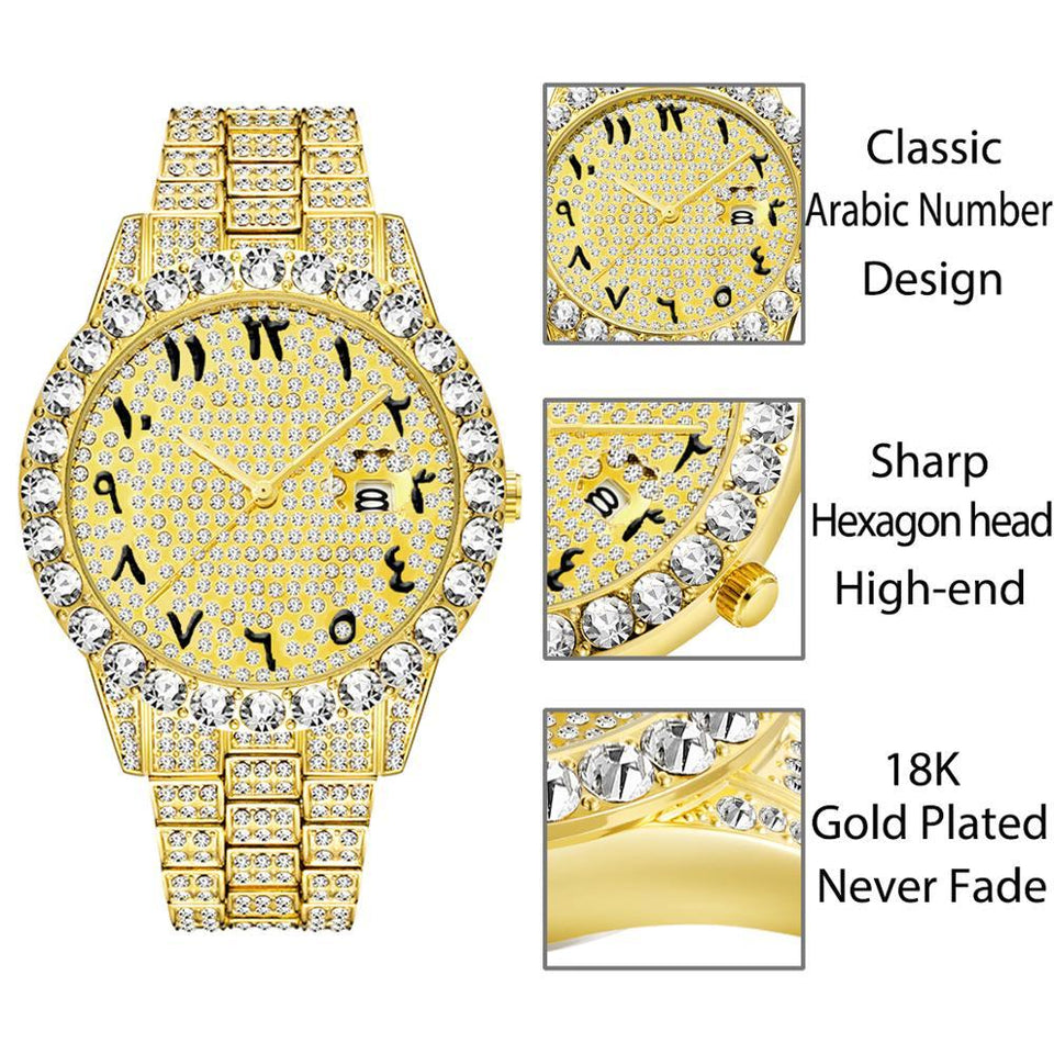 Men's Luxury 18k Gold Big Diamond Arabic Numerals with Calendar Watche ...
