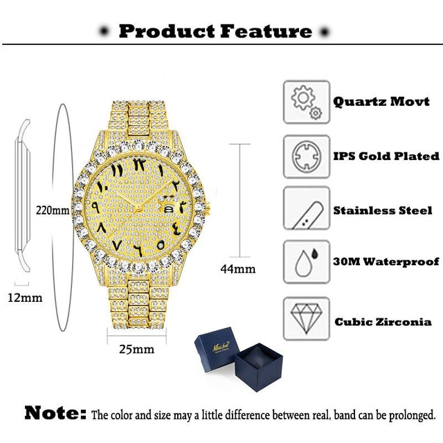Men's Luxury 18k Gold Big Diamond Arabic Numerals with Calendar Watche ...