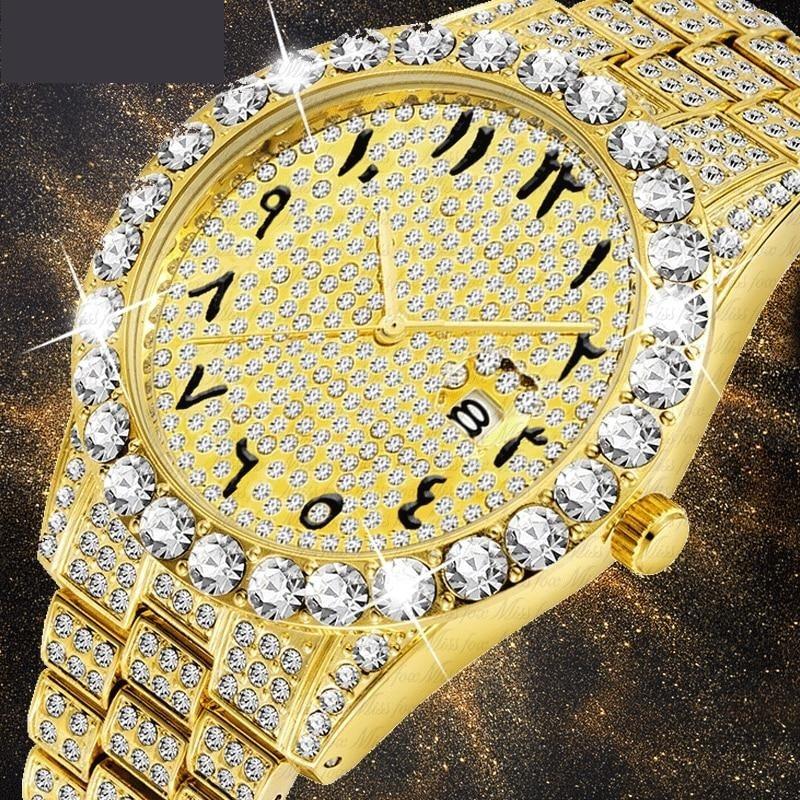 Men's Luxury 18k Gold Big Diamond Arabic Numerals with Calendar Watche ...