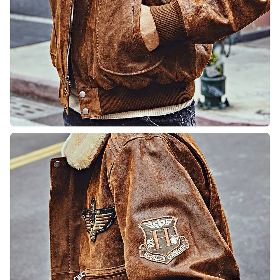 Men's Real Pigskin Leather Bomber Winter Jacket with Removable Fur Col ...
