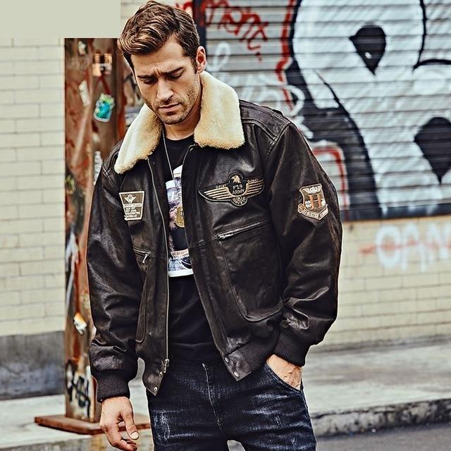 Men's Real Pigskin Leather Bomber Winter Jacket with Removable Fur Col ...