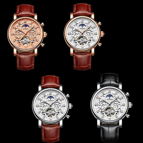 Men's Skeleton Design Automatic Sun Moon Phase Waterproof Mechanical W ...