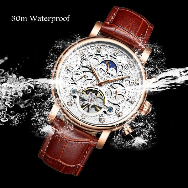 Men's Skeleton Design Automatic Sun Moon Phase Waterproof Mechanical W ...