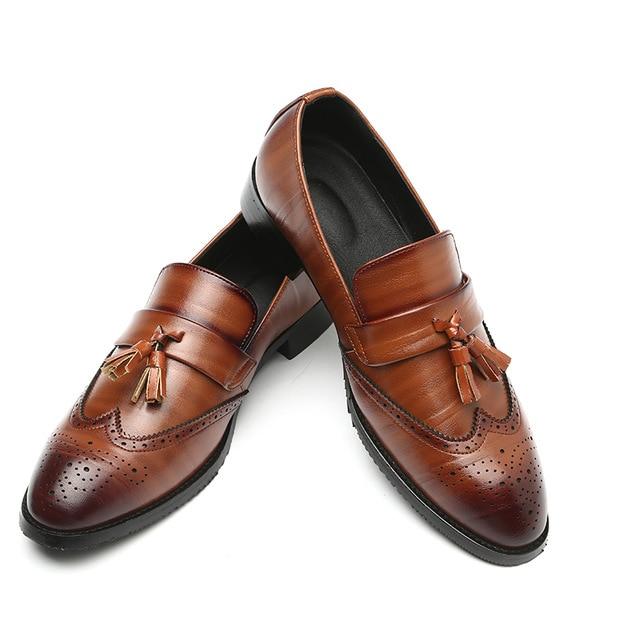 Men's Slip-on Formal Brogue Tassel Leather Dress Shoes with Pointed To ...
