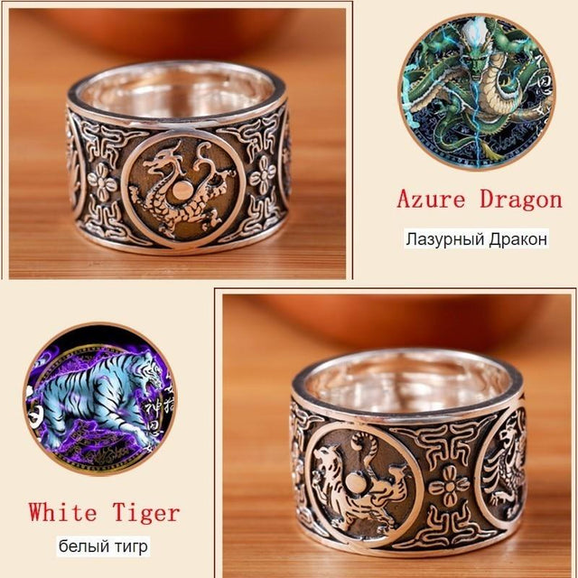 Men's Vintage 999 Chinese 4 Creature Silver Ring Dragon Tiger Bird Tur ...