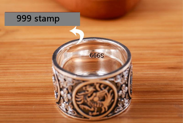 Men's Vintage 999 Chinese 4 Creature Silver Ring Dragon Tiger Bird Tur ...