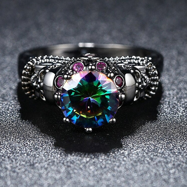 Retro Women's Black Gun Plated Rainbow Crystal Gothic Skull Ring ...