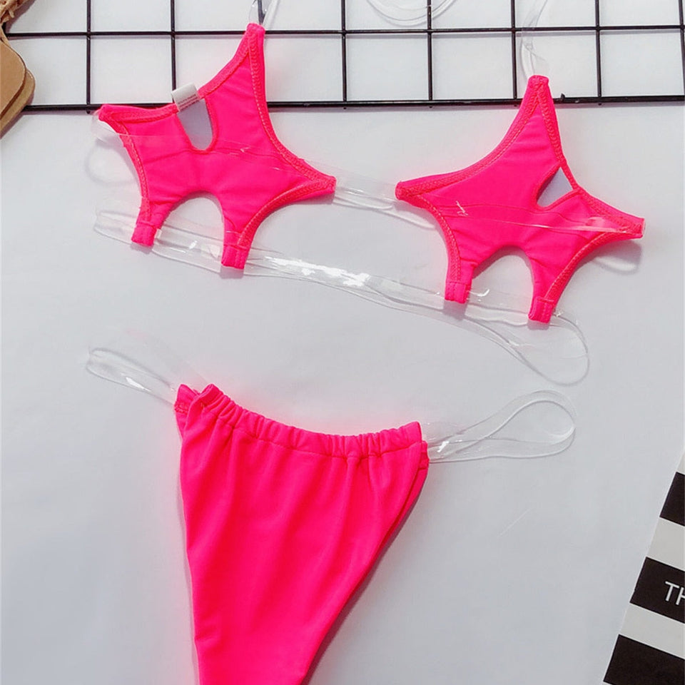 Women's Sexy Polyester Clear Strap See-Through Micro Bikini Set ...